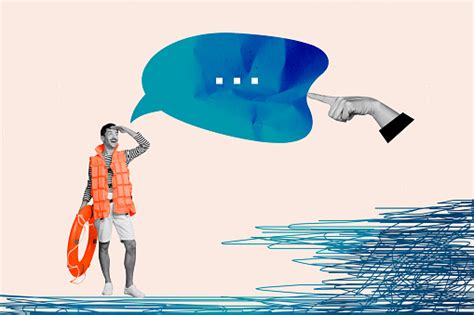 크리 에이 티브 이미지 콜라주 젊은이 남자 구조자 수색 보기 텍스트 상자 통신 메시지 인명 구조 원 해변 그림 낙서 가리키는 손 35 39세에 대한 스톡 사진 및 기타