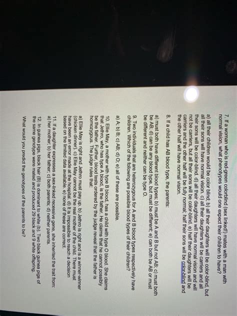 Solved 7 If A Woman Who Is Red Green Colorblind Sex Chegg Com