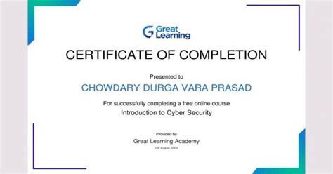 completed introduction to cybersecurity course with great learning