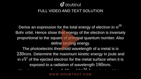 Derive An Expression For The Total Energy Of Electron In N Th Bohr