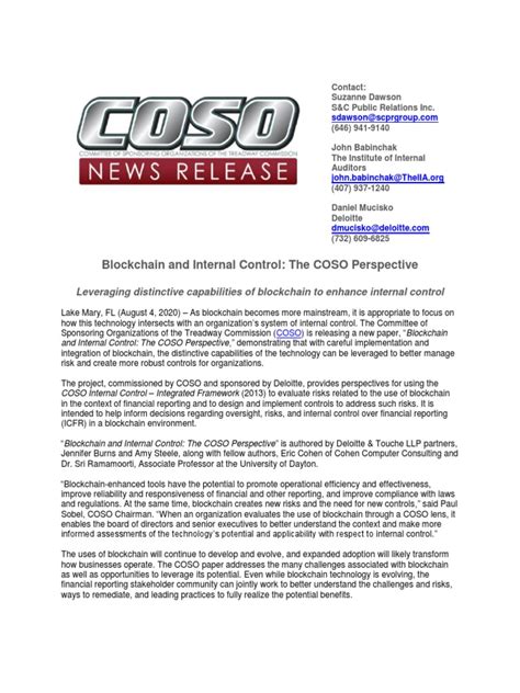Blockchain And Internal Control The Coso Perspective Pdf Business