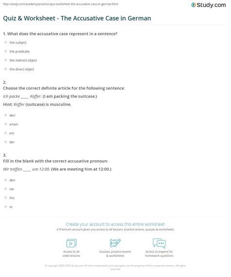 Quiz And Worksheet The Accusative Case In German