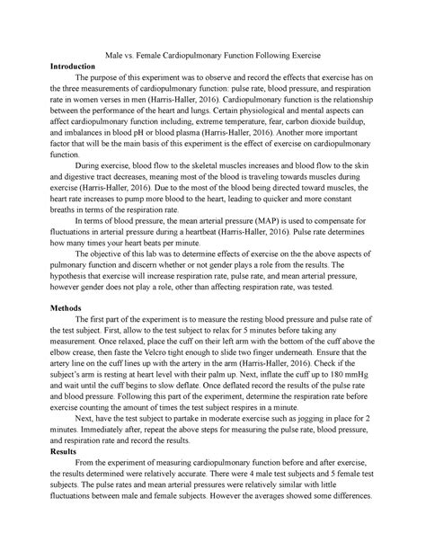 BIOL Lab Cardiopulmonary Function Lab Report Male Vs Female Cardiopulmonary Function