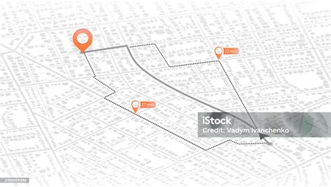 지정된 목적지가 있는 등각투영 도시 지도와 최단 경로 옵션을 포함하여 다양한 경로를 나타내는 여러 마커 도시 거리의 추상적 인 탐색 벡터 일러스트 레이 션 지도에 대한 스톡