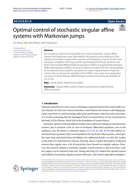 Pdf Optimal Control Of Stochastic Singular Affine Systems With