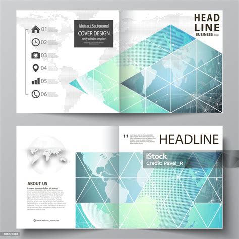 사각형 디자인 Bi에 대 한 두 개의 표지 서식 파일의 편집 가능한 레이아웃의 벡터 일러스트 레이 션 소책자 전단지 잡지 브로셔 접어 화학 분자 구조 형상 설계 배경 2단