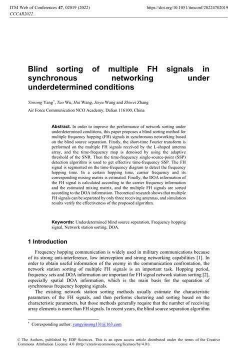 Pdf Blind Sorting Of Multiple Fh Signals In Synchronous Networking