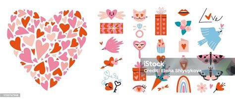 작은 하트와 선물 과자 꽃과 같은 로맨틱한 물건 세트로 만든 하트 발렌타인 데이 개념 만화 스타일 유행 현대 벡터 일러스트 레이