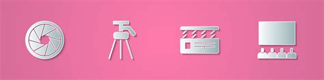 화면 아이콘이 있는 세트 용지 컷 카메라 셔터 삼각대 영화 클래퍼 및 시네마 강당 종이 아트 스타일 벡터 3차원 형태에 대한 스톡 벡터 아트 및 기타 이미지 Istock