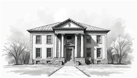 Classical University Building Sketch Features Large Windows Stone Base