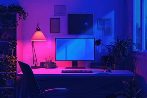 Modern Computer Workstation Illuminated By Blue And Purple Lights In A Contemporary Interior