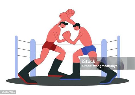 레슬링 벡터 일러스트 레이션 권투 대회 또는 챔피언십 경기에서 경기장에서 플랫 스타일 만화 배경 Championship에 대한 스톡 벡터 아트 및 기타 이미지 Istock
