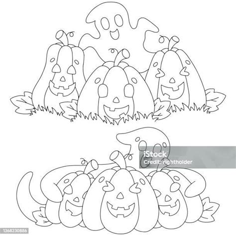 재미있는 호박과 유령의 세트 아이들을위한 색칠 공부 책 페이지 만화 스타일의 캐릭터 흰색 배경에서 격리된 벡터 그림입니다 할로윈 테마 귀여운에 대한 스톡 벡터 아트 및 기타