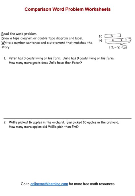Comparison Word Problem Worksheets First Grade Printable
