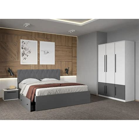 Set Dormitor Alb Cu Gri Fara Comoda Sidney C02 Pat 160x200 Dulap Noptiere Emagro
