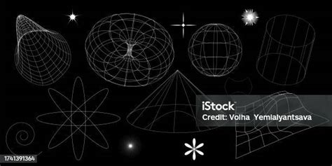 기하학 와이어프레임 모양과 그리드를 흰색으로 표시합니다 트렌디한 사이키델릭 레이브 스타일의 추상적인 사이버펑크 요소 벡터 0명에 대한 스톡 벡터 아트 및 기타 이미지