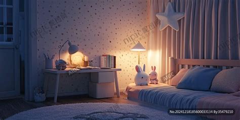 Ai创作图童趣卧室场景 儿童房灯具 儿童房夜景效果图 儿童房间灯 现代儿童房 儿童书房台灯 北欧儿童房 小兔小夜灯 小台灯下的小朋友 男女孩