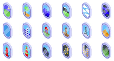 비행기 창 보기 아이콘은 등각 투영 벡터를 설정합니다 비행기 도시 0명에 대한 스톡 벡터 아트 및 기타 이미지 0명 3차원