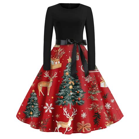 Womens Christmas Dress Long Sleeve Vintage A Line Holiday Party Dress