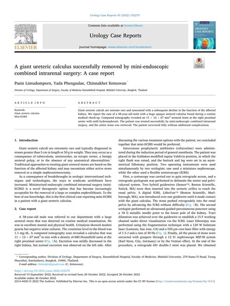Pdf A Giant Ureteric Calculus Successfully Removed By Mini Endoscopic Combined Intrarenal