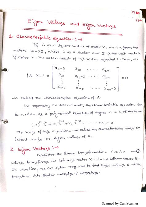 Hand Written Notes For Eigen Values And Eigen Vectors Engineering Mathematics First Year BTech