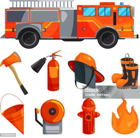 보호복 소방 관 부츠 헬멧 도끼 및 다른 특정 도구 벡터 일러스트 소방관 헬멧에 대한 스톡 벡터 아트 및 기타 이미지 소방관