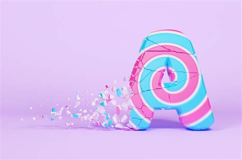 깨진된 부서진된 알파벳 편지는 대문자입니다 핑크와 파란색 줄무늬 사탕 짓 눌린된 크리스마스 글꼴에 의하여 이루어져 있다 3d