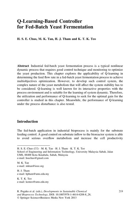 Pdf Q Learning Based Controller For Fed Batch Yeast Fermentation