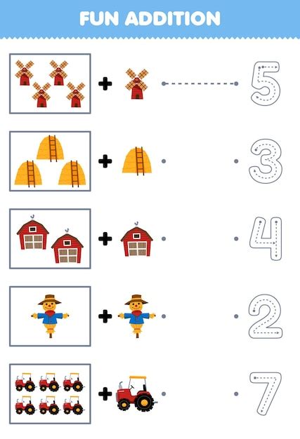 어린이를 위한 교육 게임 만화 풍차 건초 더미 헛간 허수아비 트랙터를 추가한 다음 라인 농장 워크시트를 추적하여 올바른 번호를