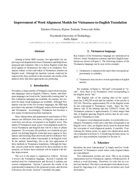 Pdf Improvement Of Word Alignment Models For Vietnamese To English Translation