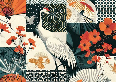 조화로운 디자인의 크레인 꽃과 전통적인 패턴을 특징으로하는 생생한 콜라주 두루미 꽃들 패턴 배경 일러스트 및 사진 무료 다운로드 Pngtree