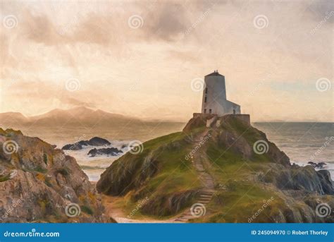 Pintura Digital Del Faro Twr Mawr De La Isla De Llanddwyn En Ynys