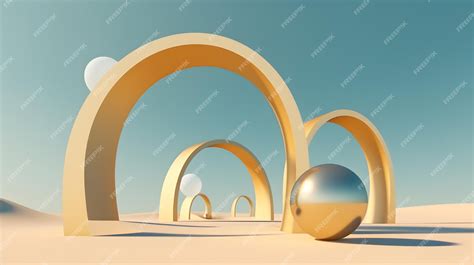 Abstract Architectural Structure With Arches And Flying Golden Balls On