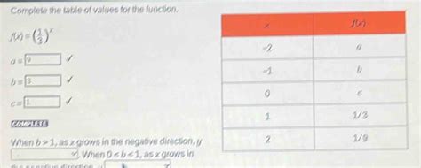 solved complete the table of values for the function f x 1 3 x a