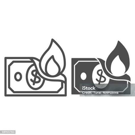 화재 라인과 단단한 아이콘 금융 위기 개념 달러 지폐는 흰색 배경에 기호를 굽고있다 모바일 개념 웹 디자인에 대한 개요 스타일의 돈 화상 아이콘 벡터 그래픽 0명에 대한