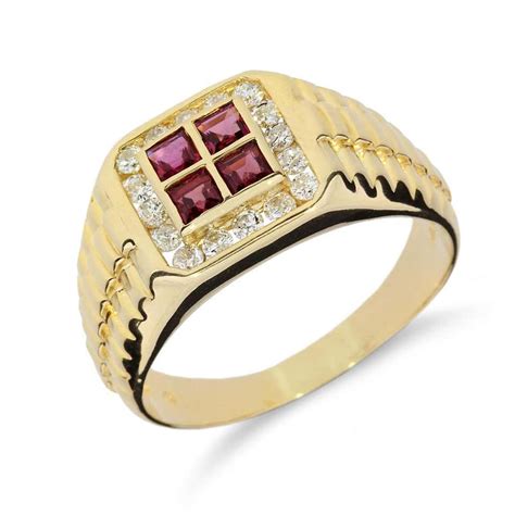 14k Gold Graduated Three Row Square Ruby And Round Diamond Ring For