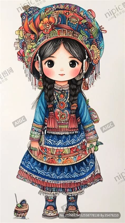Ai创作图苗族 小女孩 服饰 头饰 民族风 辫子 图案 色彩 蓝 红 传统 装饰 卡通 绘画 民俗 昵图网