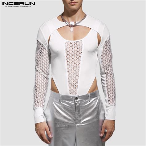 Incerun Men Fashion Mesh Patchwork Long Sleeve Stitching Color Set