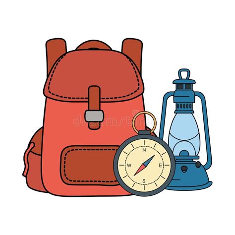 Compass Guide With Travel Bag And Kerosene Lamp Stock Vector