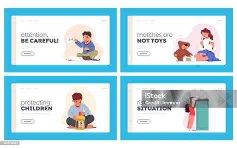 위험한 상황에 처한 아이들 랜딩 페이지 템플릿 세트 아이들은 성냥 독성 액체 날카로운 물건을 가지고 노는 아이들 아이에 대한 스톡 벡터 아트 및 기타 이미지 Istock