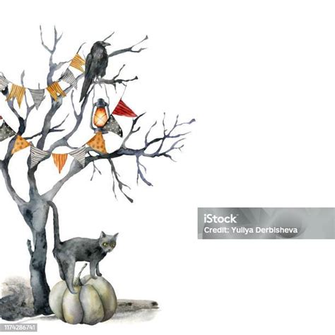 검은 나무와 고양이 와 수채화 할로윈 카드 까마귀 깃발 화환 톰캣과 흰색 배경에 고립 된 호박손으로 그린 휴가 템플릿 디자인 인쇄 배경에 대한 그림 10월에 대한 스톡 벡터