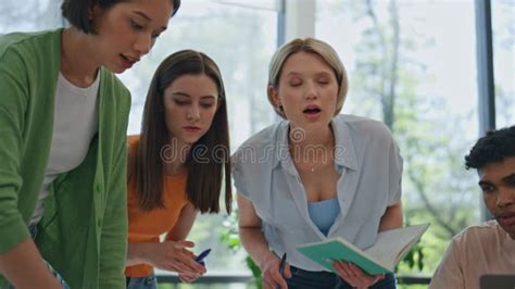 Diverse Group Coworkers Brainstorming In Conference Room Closeup Team