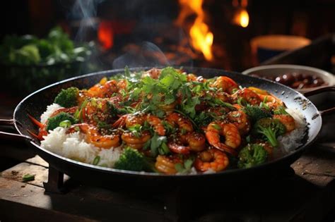 Premium Ai Image Asian Preparation Ginger Shrimp And Vegetables In