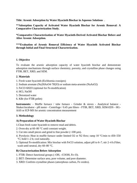 Arsenic Adsorption By Biochar Title And Methodology1 Pdf Adsorption