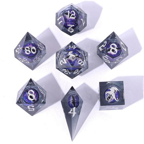 Dragons Eye Purple Captured Magic 7 Dice Set Liquid Core Sharp Edge