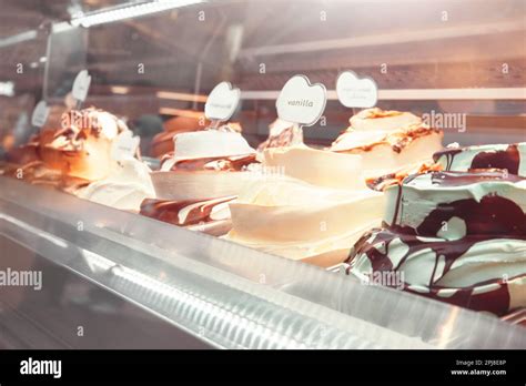 Showcase With Different Kinds Of Ice Cream Closeup View Stock Photo Alamy