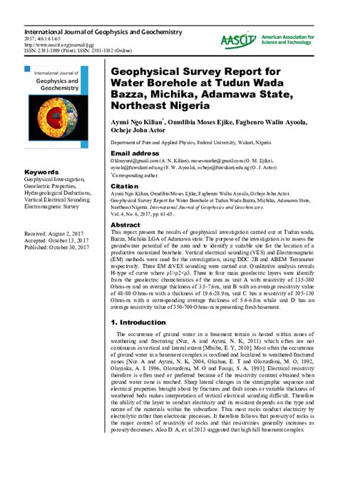 Pdf Geophysical Survey Report For Water Borehole At Tudun Wada Bazza