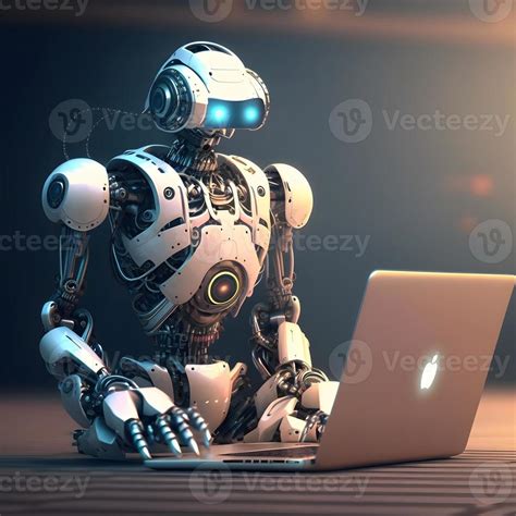 Robot In Front Of The Laptop Robot Controlling Computer With