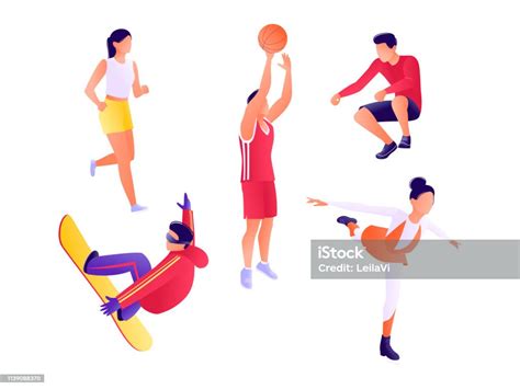 선수의 집합입니다 사람들은 건강 하 고 활동적인 라이프 스타일을 이끌어 냅니다 남성과 여성은 피트 니스 스노보드 피겨 스케이팅 농구를 합니다 평면 벡터 일러스트입니다 개체