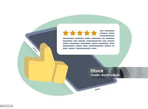 만족 한 고객과 고객의 피드백 평가 별 5개 등급의 제품 또는 서비스 검토 스마트 폰 엄지 손가락 아이콘 및 별 다섯 개 리뷰 거품 5가지 개체에 대한 스톡 벡터 아트 및